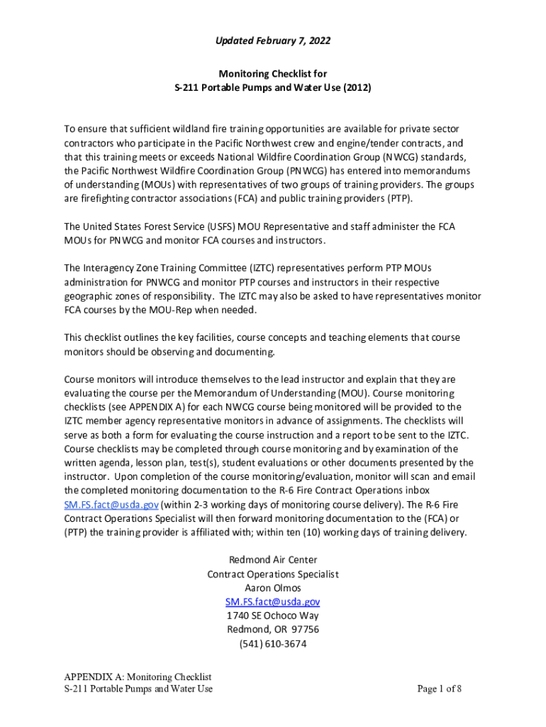 Fillable Online Updated February 7, 2022 Monitoring Checklist for S-211 ...