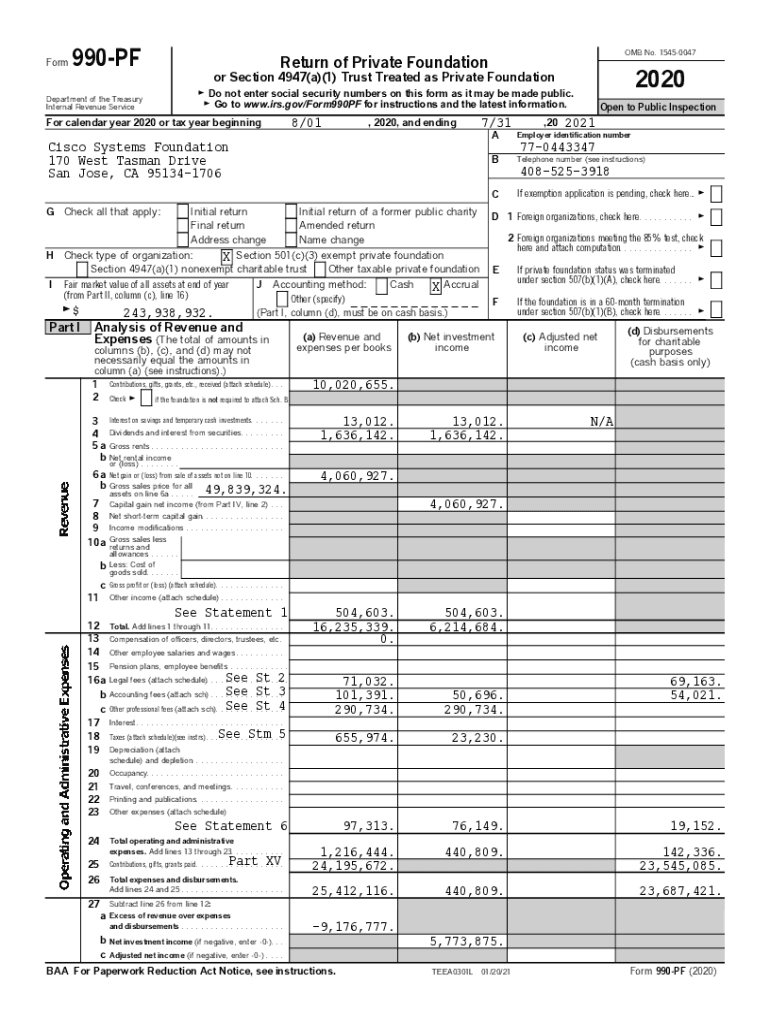 Fillable Online 990-PF Return of Private Foundation Form or Section ...