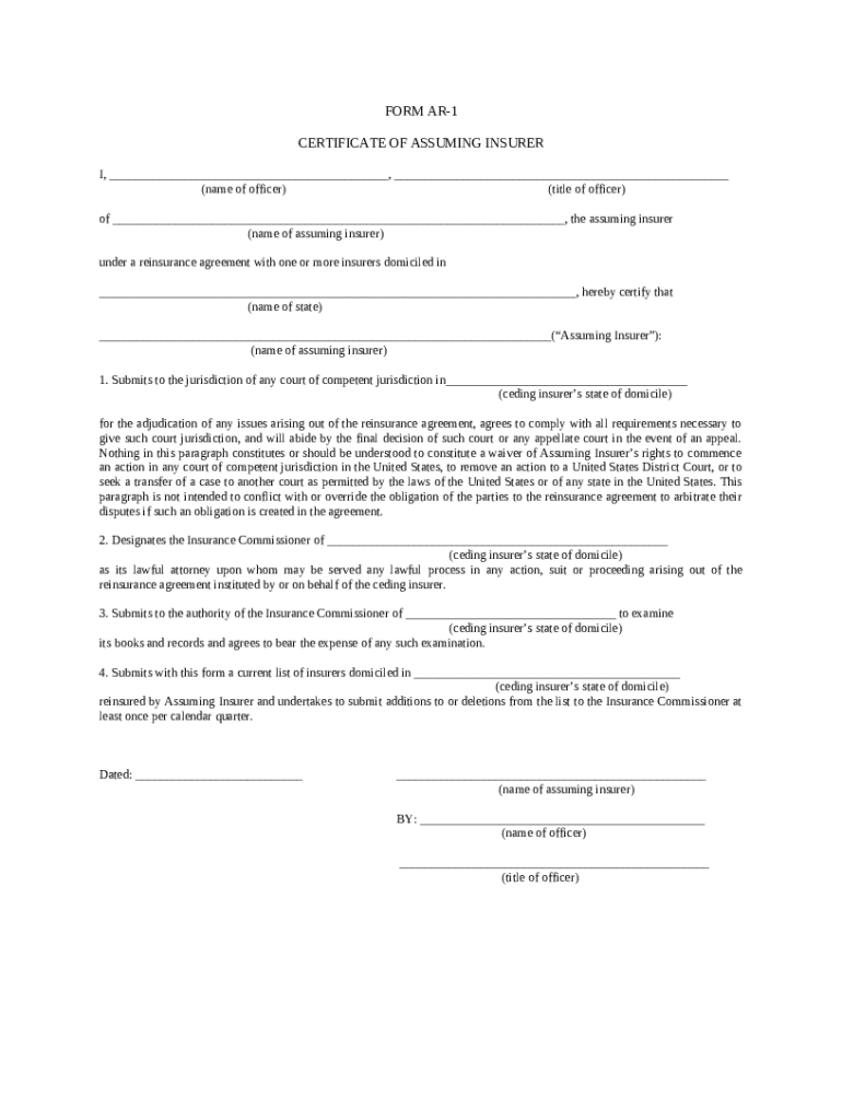 AR-1 CERTIFICATE OF ASSUMING INSURER - Nevada Doc Template | pdfFiller