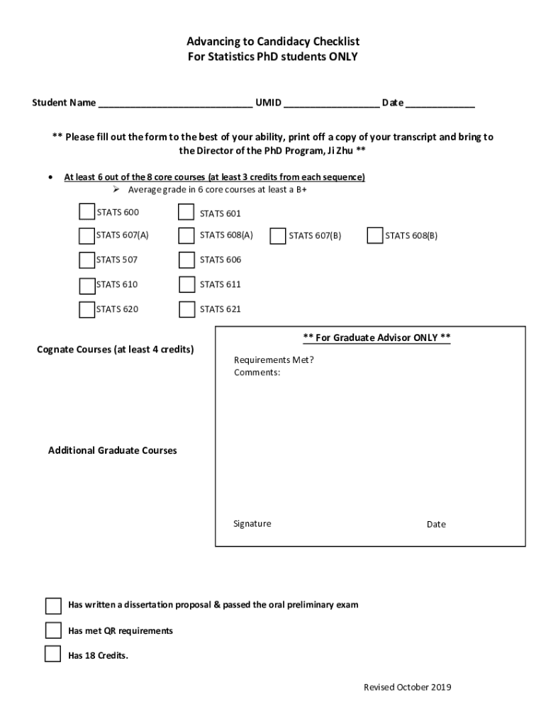 Fillable Online lsa umich Advancing to Candidacy Checklist For Statistics PhD students ONLY Fax ...