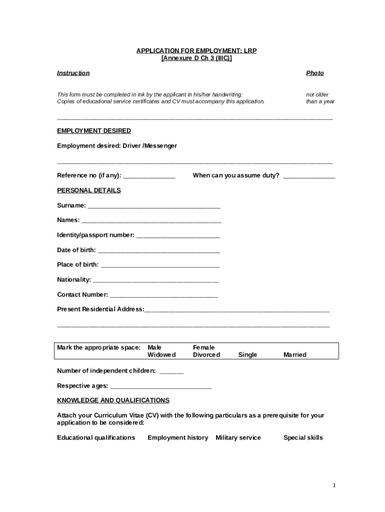 APPLICATION FOR EMPLOYMENT :LRP - Minister of Doc Template | pdfFiller