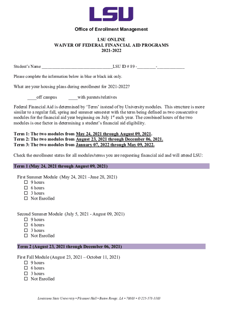 Fillable Online www.lsu.edufinancialaidfilesOffice of Enrollment ...