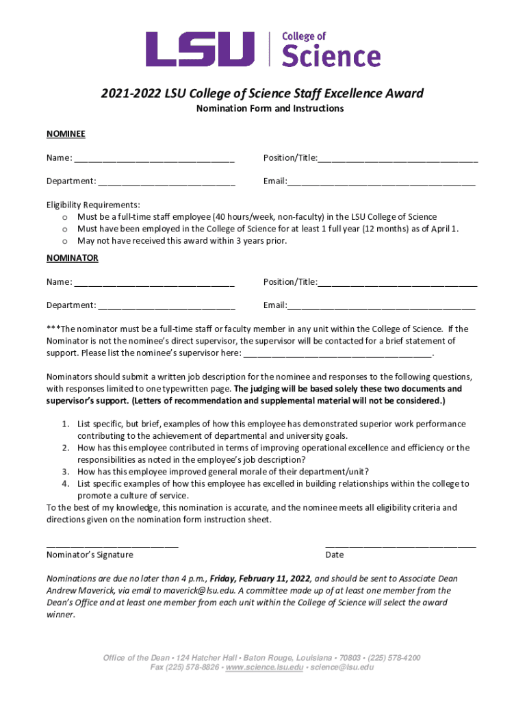 Fillable Online 2020-2021 LSU College of Science Staff Excellence Award ...
