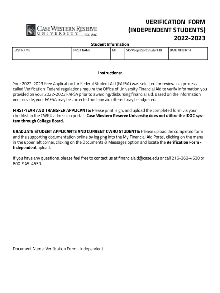 Fillable Online VERIFICATION FORM (INDEPENDENT STUDENTS) 2022-2023 Fax Email Print - pdfFiller