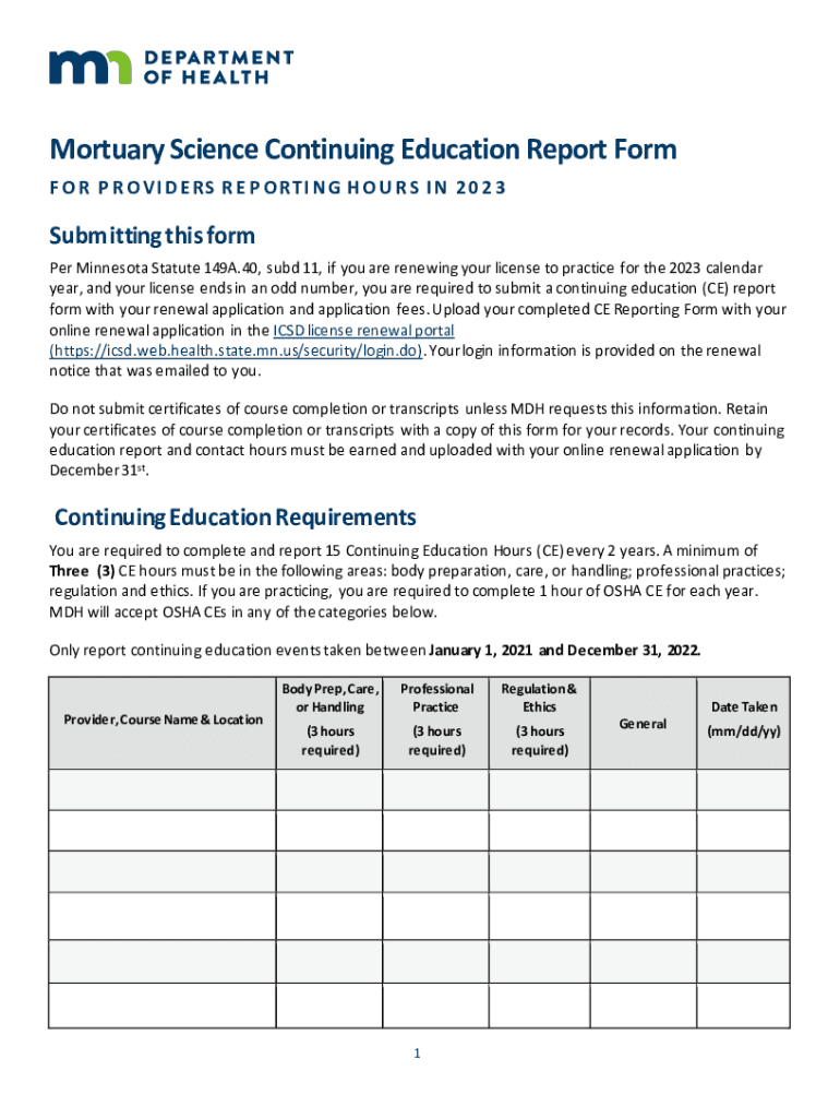 Fillable Online www.web.health.state.mn.usdocscereportformMortuary Science Continuing Education ...