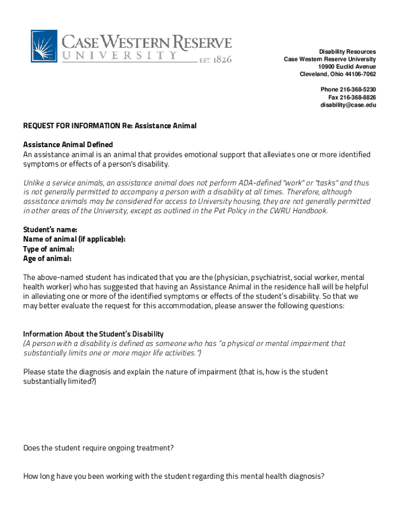 Fillable Online Assistance Animal Request Form - Case Western Reserve University Fax Email Print ...