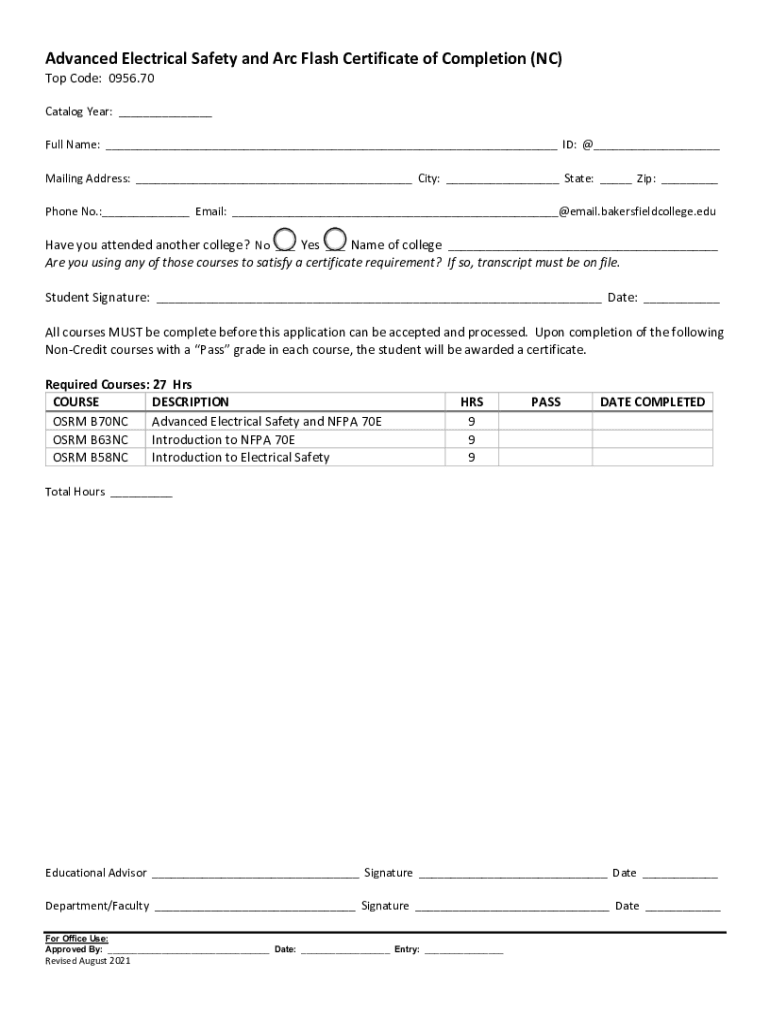 Fillable Online Advanced Electrical Safety and Arc Flash Certificate of ...