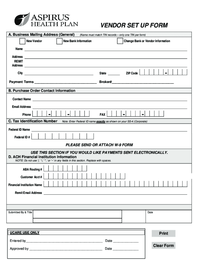 Fillable Online VENDOR SET UP FORM - Aspirus Health Plan Fax Email ...
