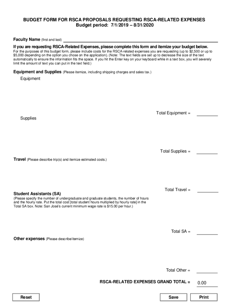 Fillable Online BUDGET FORM FOR RSCA PROPOSALS REQUESTING ... Fax Email ...
