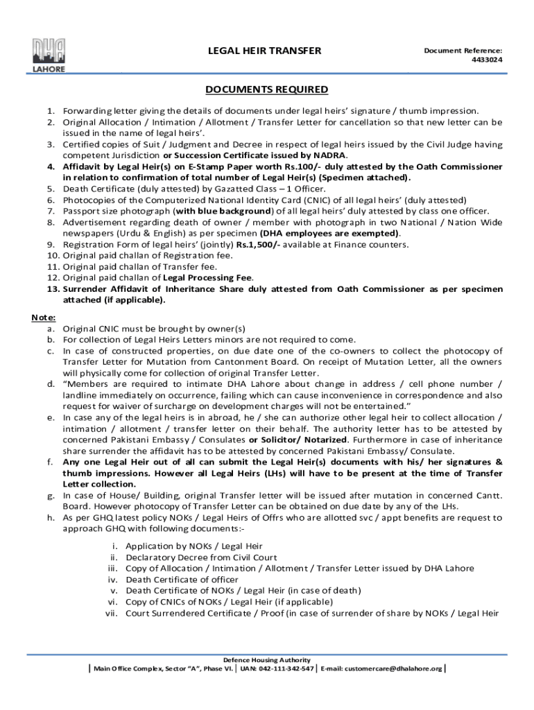 Fillable Online PDF LEGAL HEIR TRANSFER DOCUMENTS REQUIRED - DHA LAHORE ...