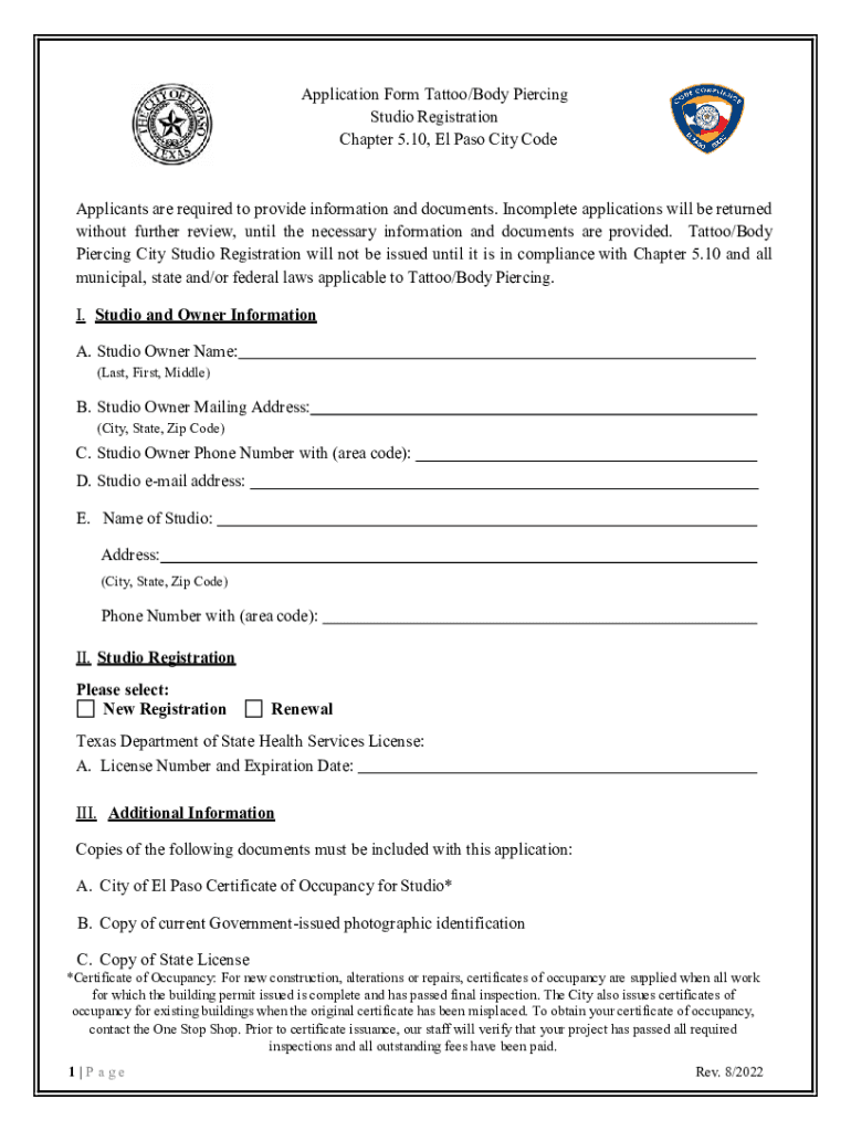 Fillable Online Application Form Tattoo/Body Piercing Studio Registration ... - El Paso Fax ...