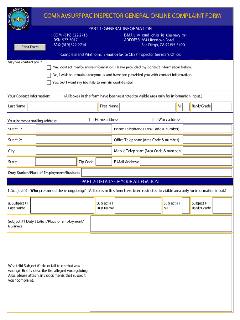 Fillable Online www.surfpac.navy.milPortals54COMNAVSURFPAC INSPECTOR ...