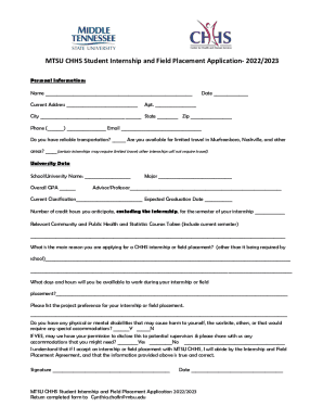 Fillable Online MTSU CHHS Student Internship and Field Placement ... Fax Email Print - pdfFiller