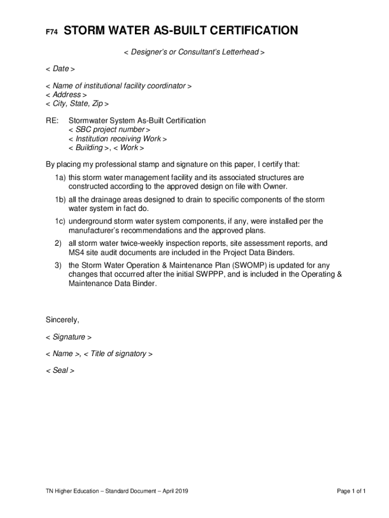 Fillable Online STORM WATER AS-BUILT CERTIFICATION - UT Capital Projects Fax Email Print - pdfFiller