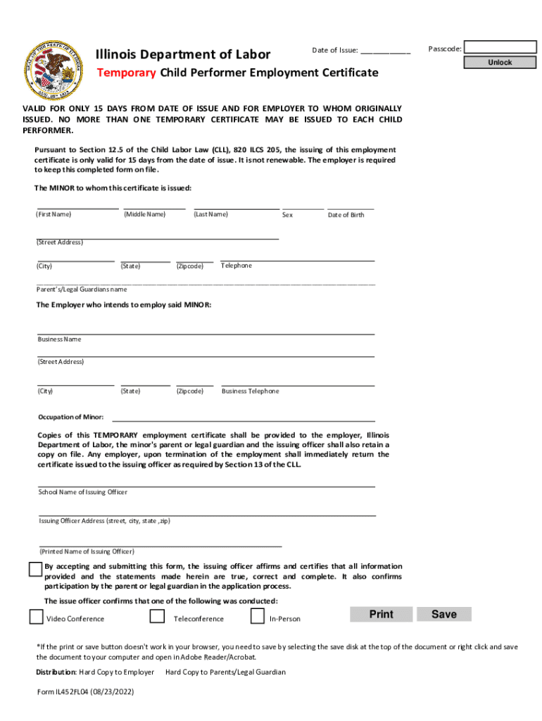 Fillable Online www2 illinois Form IL452FL04 "Temporary Child Performer Employment Certificate ...