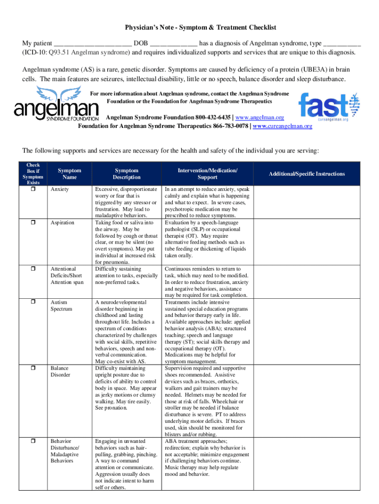 Fillable Online PDF Physician's Note - Symptom & Treatment Checklist My ...
