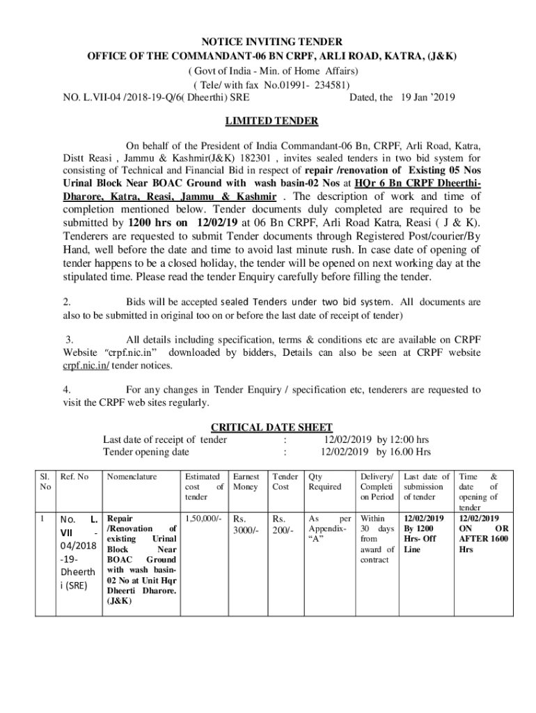 Fillable Online crpf gov Tenders Central Reserve Police Force ...