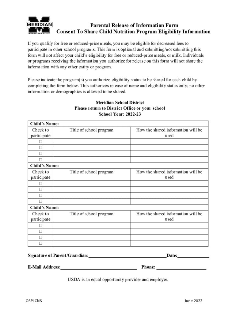 Fillable Online 2021-2022 Parental Release of Information Form CONSENT TO SHARE CHILD ... Fax ...