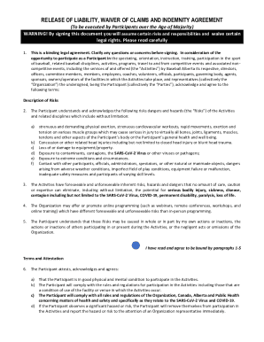 Fillable Online RELEASE OF LIABILITY, WAIVER OF CLAIMS AND INDEMNITY ...