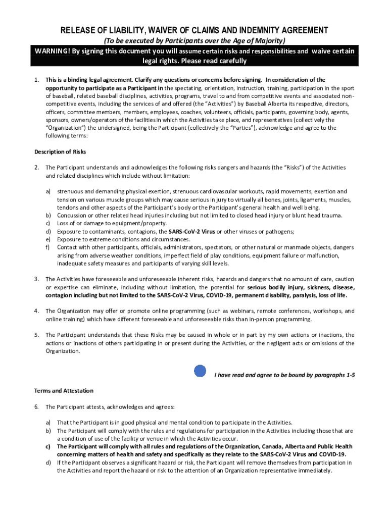 Fillable Online RELEASE OF LIABILITY, WAIVER OF CLAIMS AND INDEMNITY ...