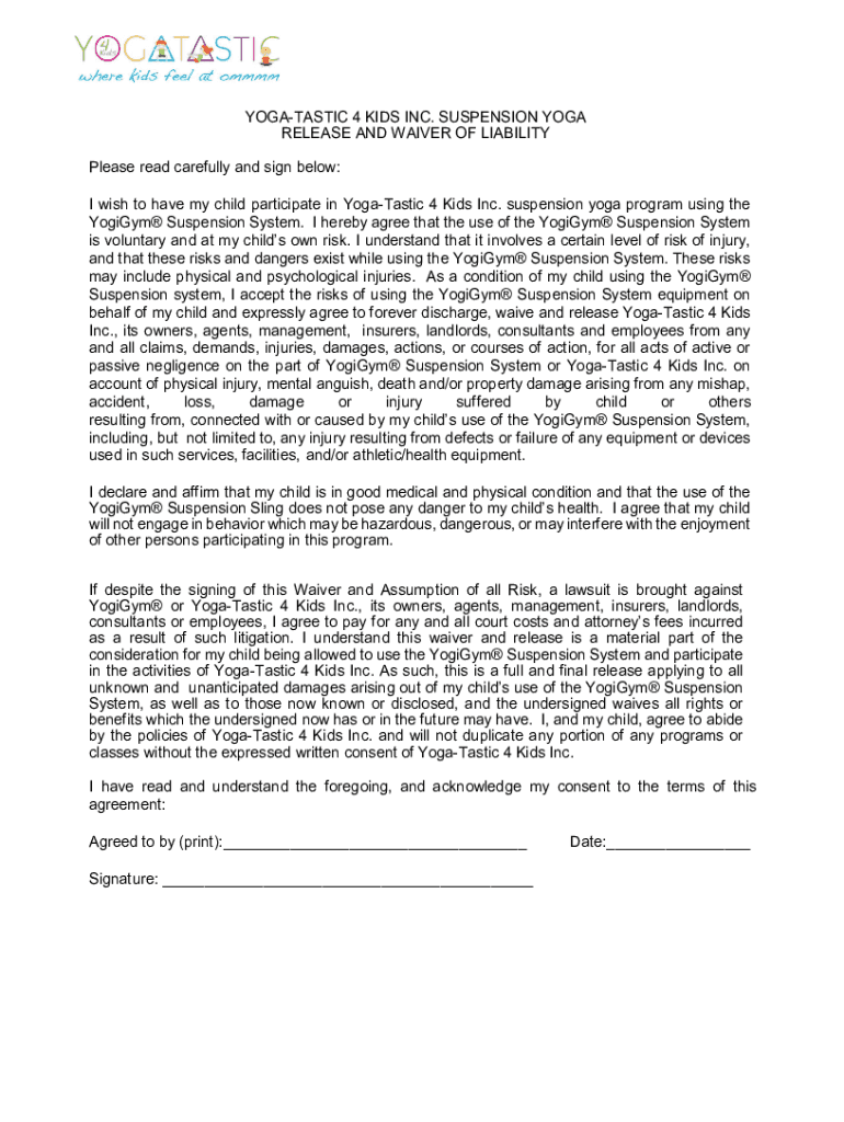 Fillable Online FINAL General Child - Suspension Yoga Waiver of ...