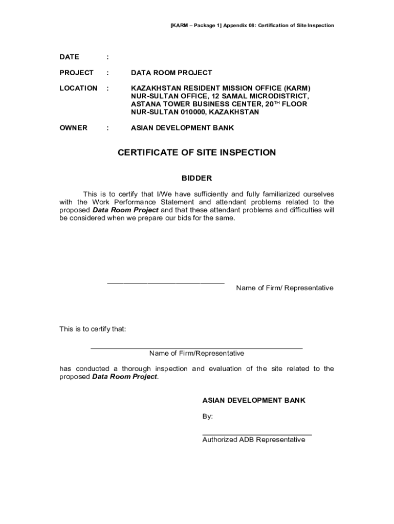 Fillable Online KARM - Package 1 Appendix 08 - Certificate of Site ...