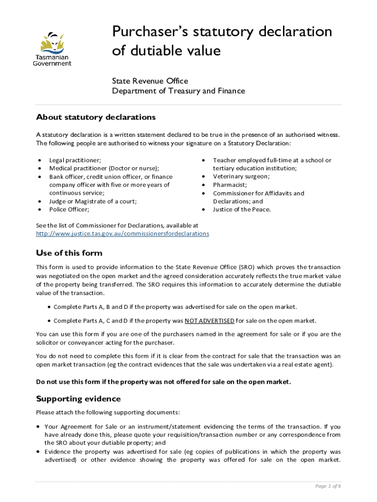 Fillable Online www.sro.tas.gov.auDocumentsdutiable-valueDutiable Value ...