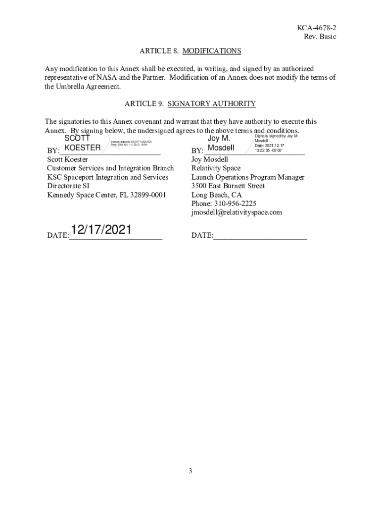 Fillable Online KCA-4678-3 ANNEX BETWEEN THE NATIONAL AERONAUTICS AND SPACE ... - NASA Fax Email ...