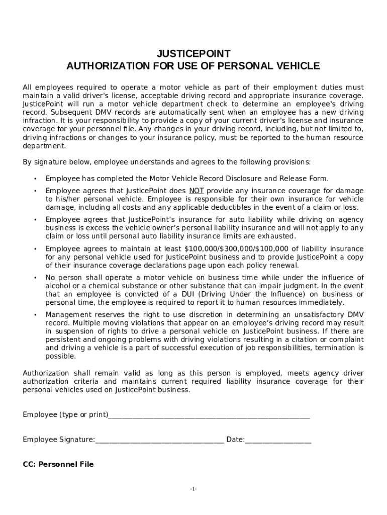 Authorization for Use of Personal Vehicle Doc Template | pdfFiller