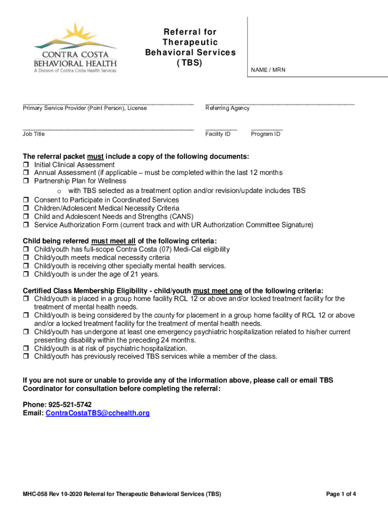 Fillable Online Referral for Therapeutic Behavioral Services (TBS) Fax ...