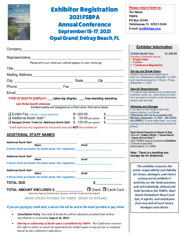 Fillable Online www.fsbpa.comdocuments2021FSBPAExhibitandAdExhibitor Registration Please return ...