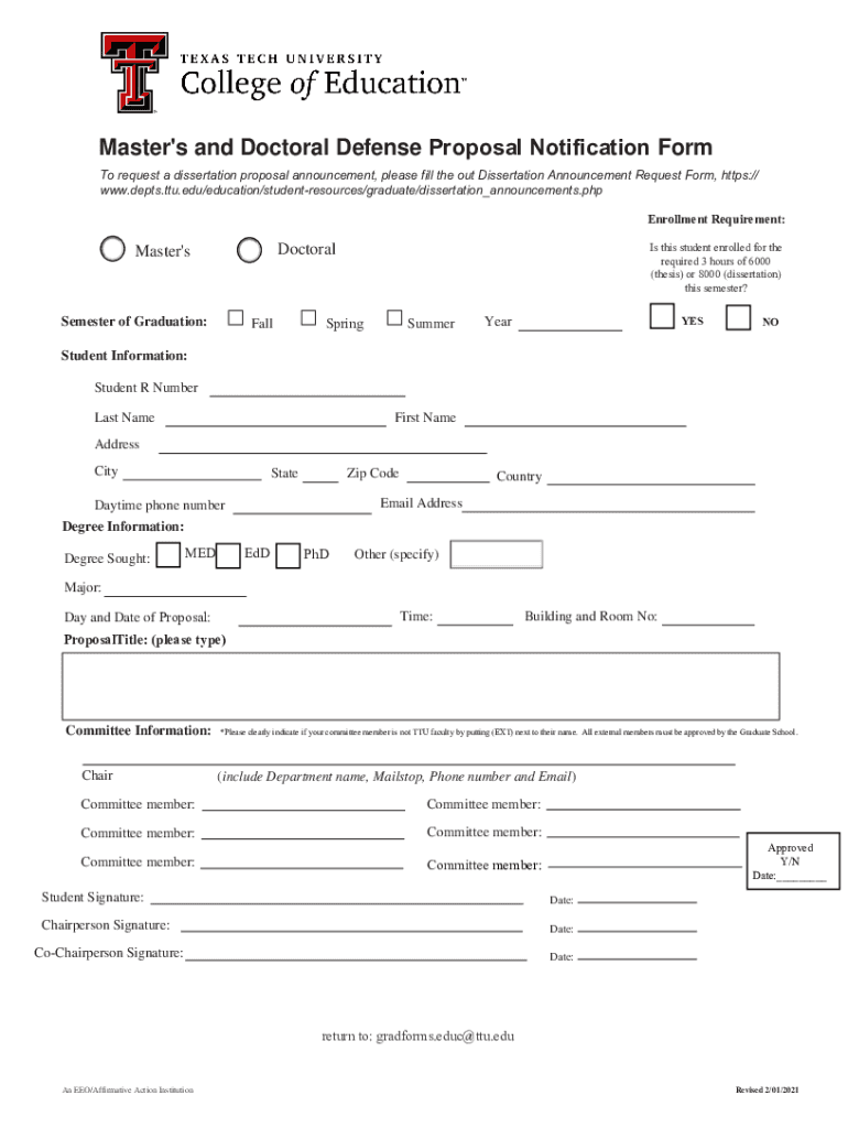 Fillable Online Master's and Doctoral Defense Proposal Notification Form Fax Email Print - pdfFiller