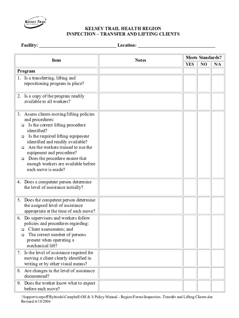 Fillable Online INSPECTIONTRANSFER AND LIFTING CLIENTS Fax Email Print ...