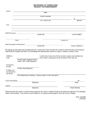 Fillable Online DEPARTMENT OF CORRECTIONS REQUEST FOR DISBURSEMENT ...