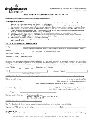 Fillable Online APPLICATION FOR FIREFIGHTER LICENCE PLATE - Government ...