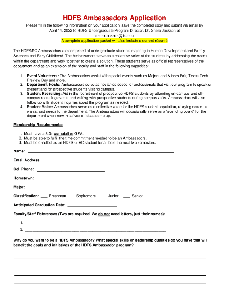 Fillable Online HDFS Ambassadors Application - Texas Tech University ...