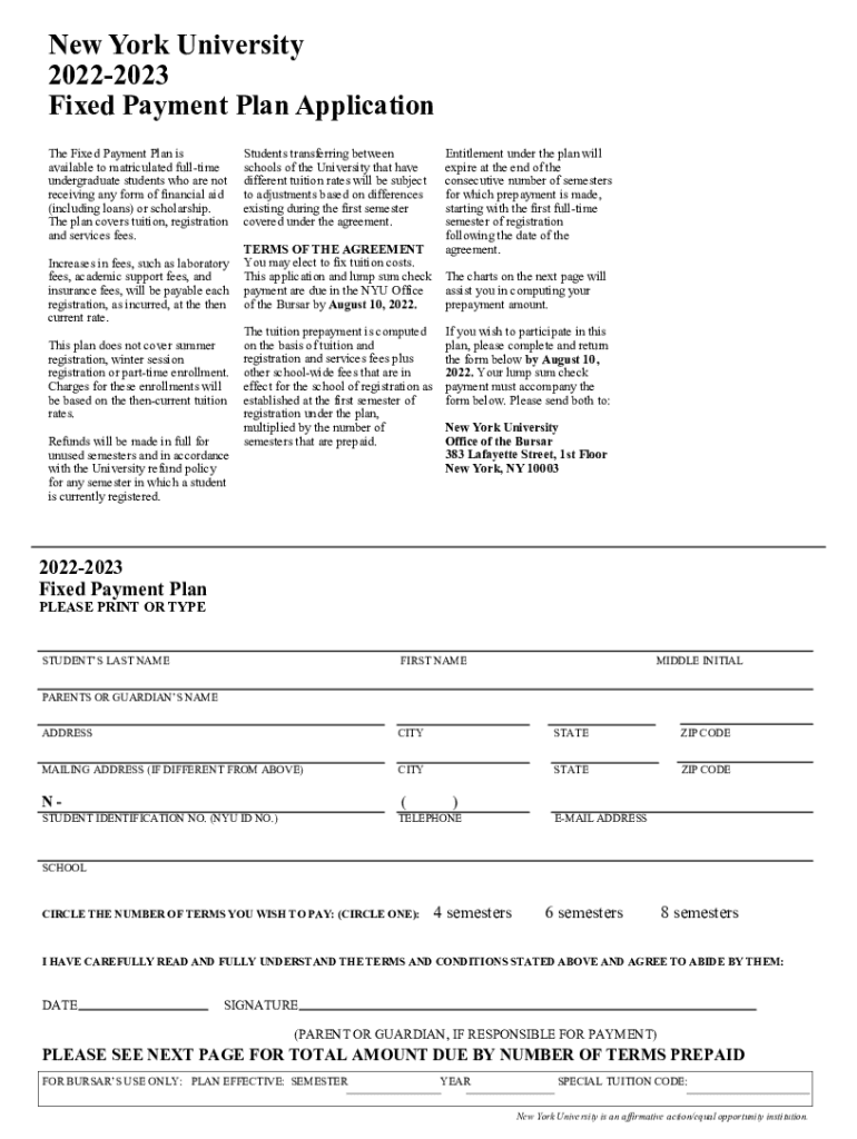 Fillable Online Payment Plans - NYUPayment Plans - NYUUE Payment Plan ...