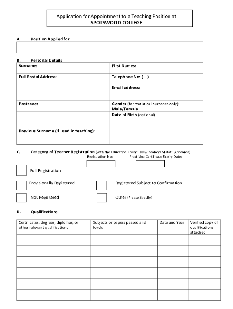 Fillable Online Application for Appointment to a Teaching Position at SPOTSWOOD COLLEGE Fax ...