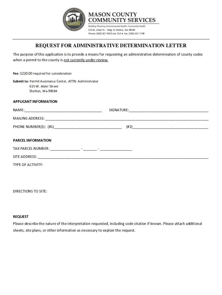 Fillable Online REQUEST FOR ADMINISTRATIVE DETERMINATION LETTER - Mason County, Washington Fax ...