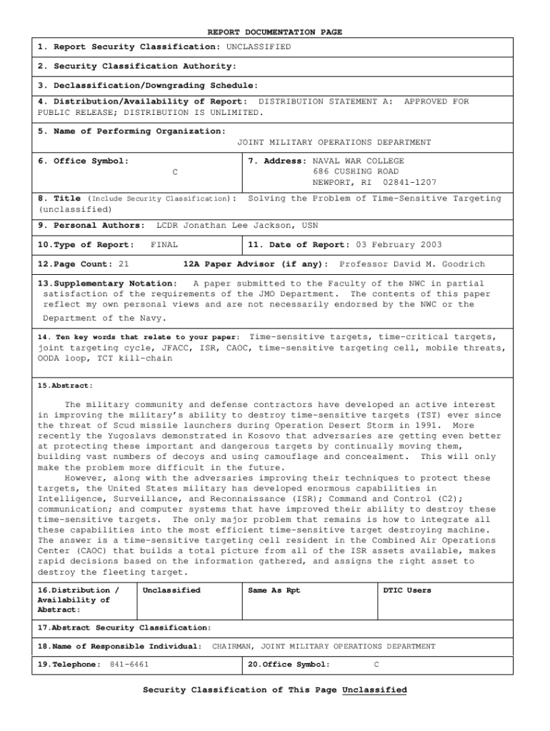 Fillable Online UNCLASSIFIED Security Classification This Page REPORT ...