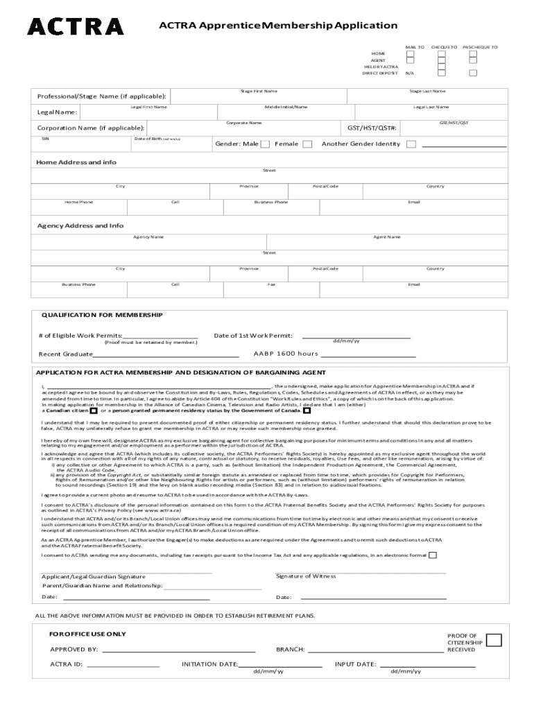 Fillable Online ACTRA Full Membership Application MAIL TO CHEQUE TO ...