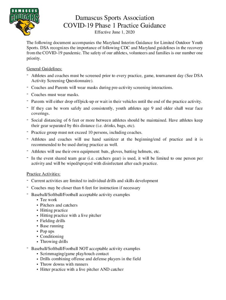 Fillable Online Damascus Sports Association COVID-19 Phase 1 Practice ...