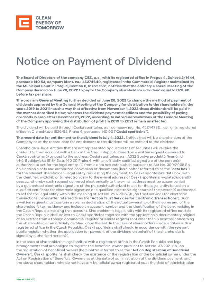 Fillable Online Notice on Payment of Dividend - EZ Fax Email Print ...