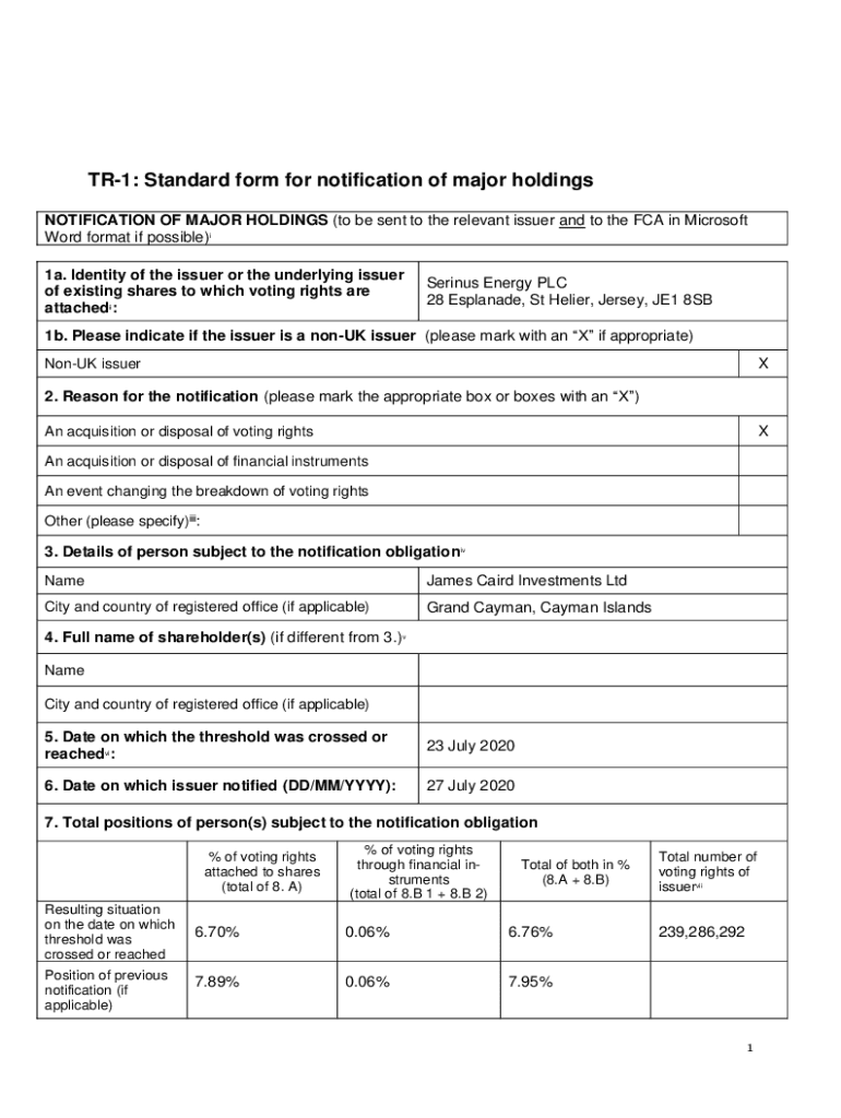 Fillable Online TR-1: Standard form for notification of major holdings ...
