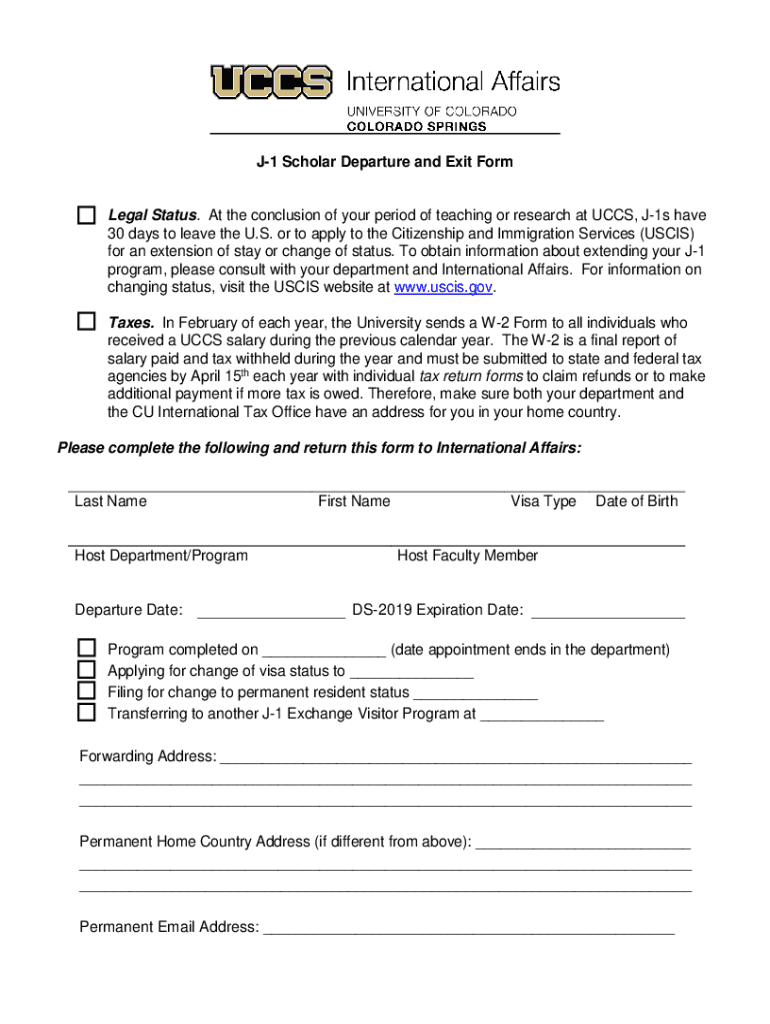 Fillable Online J-1 Scholar Departure and Exit Form - International ...