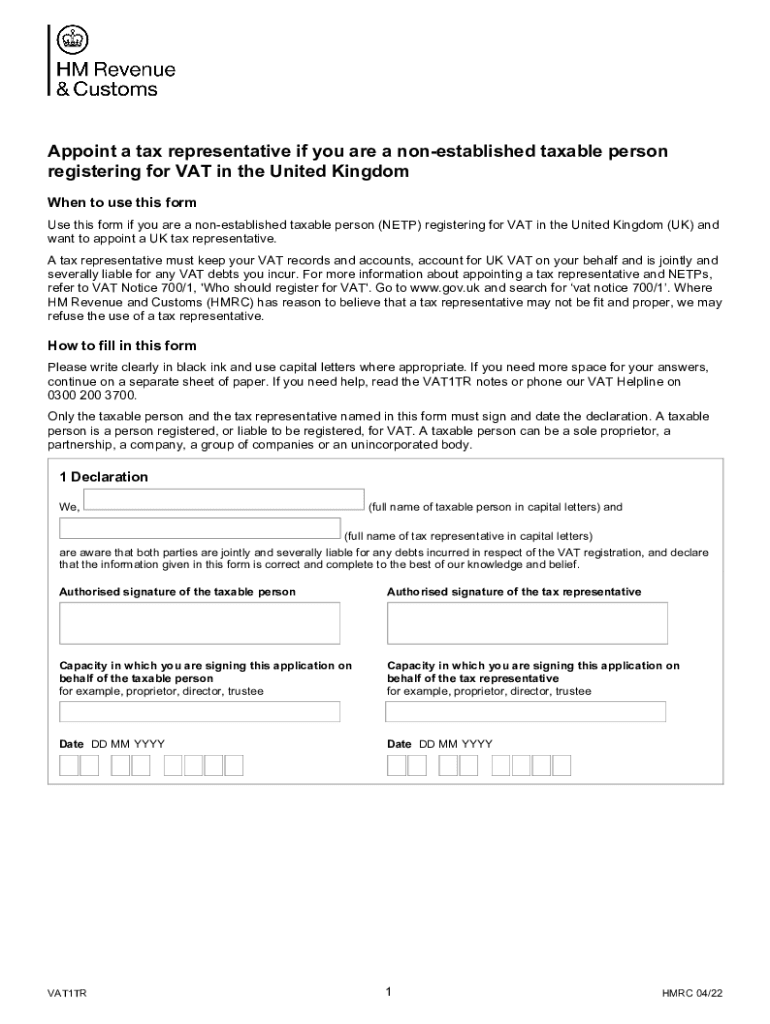 Fillable Online VAT1TR. Appoint a tax representative if you are a non ...