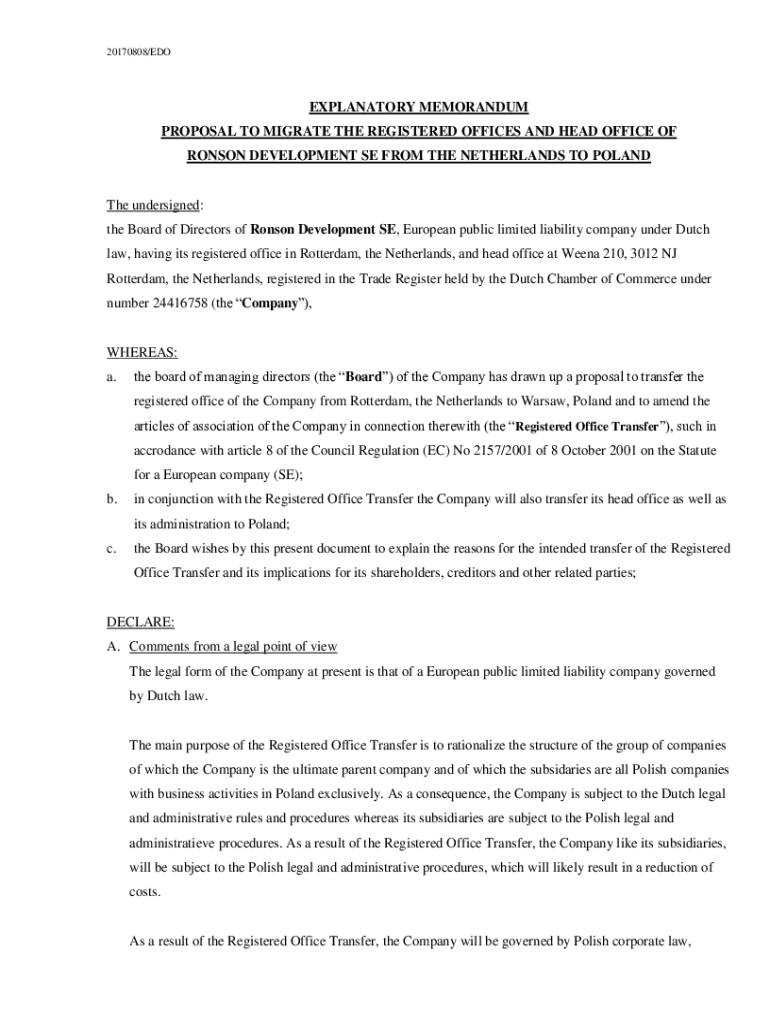Fillable Online explanatory memorandum - Ronson Development Fax Email ...