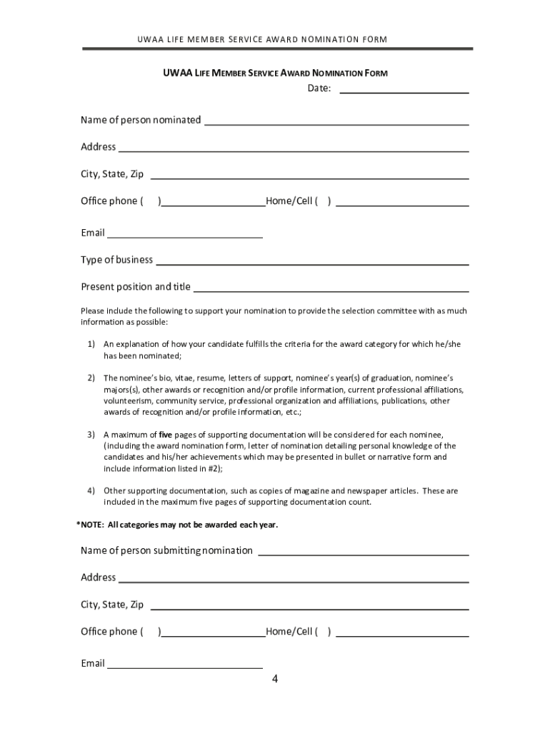 Fillable Online life member service award nomination form Fax Email ...