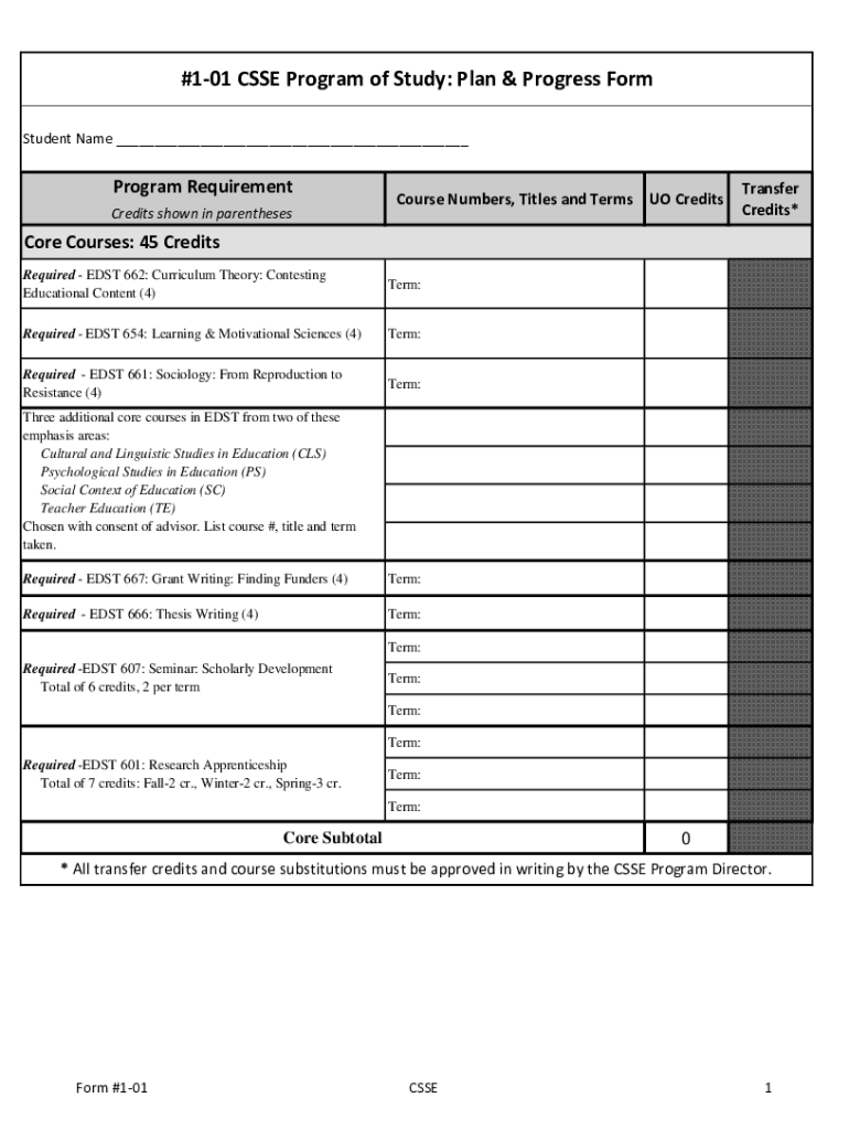 Fillable Online #1-01 CSSE Program of Study: Plan & Progress Form Fax Email Print - pdfFiller