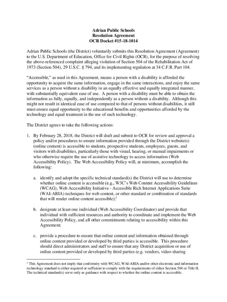 Fillable Online www2 ed Adrian Public Schools Resolution Agreement OCR Docket ... Fax Email ...